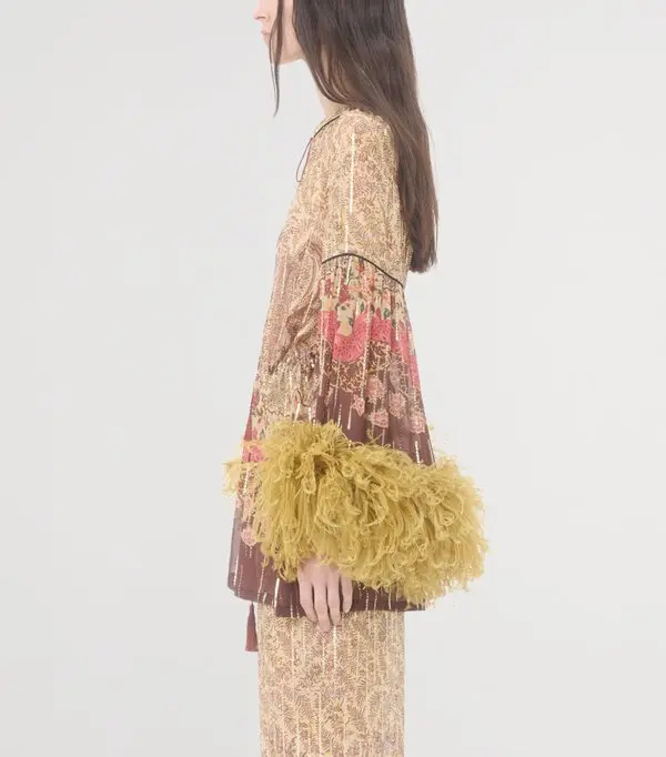 Valentino Garavani Metallic Silk Paisley Print Feather Trimmed Blouse