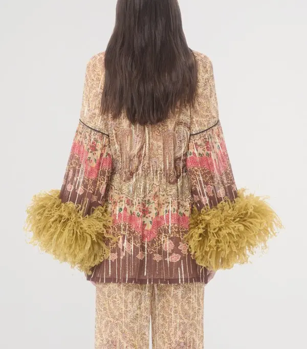 Valentino Garavani Metallic Silk Paisley Print Feather Trimmed Blouse