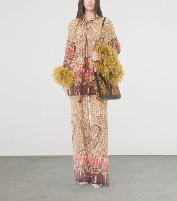Valentino Garavani Metallic Silk Paisley Print Feather Trimmed Blouse