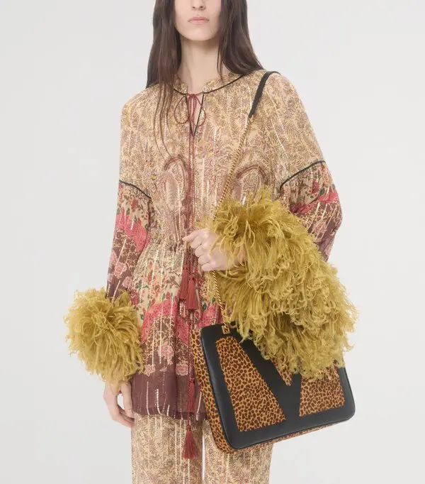 Valentino Garavani Metallic Silk Paisley Print Feather Trimmed Blouse