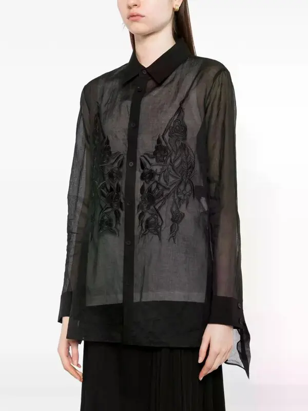 Yohji Yamamoto Cotton Flared Hem Shirt With Floral Embroidery