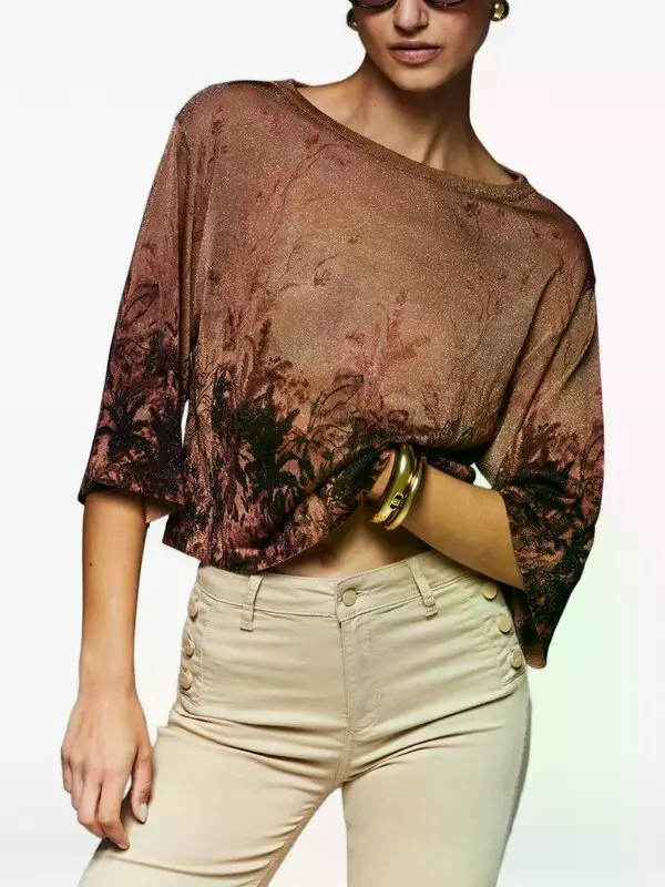 Liu Jo Floral Print Three-quarter Sleeve Crew-neck Top - Brown