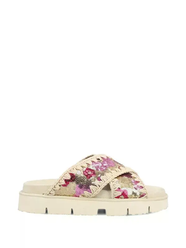 Mou Floral Criss-cross Platform Sandals - Neutrals