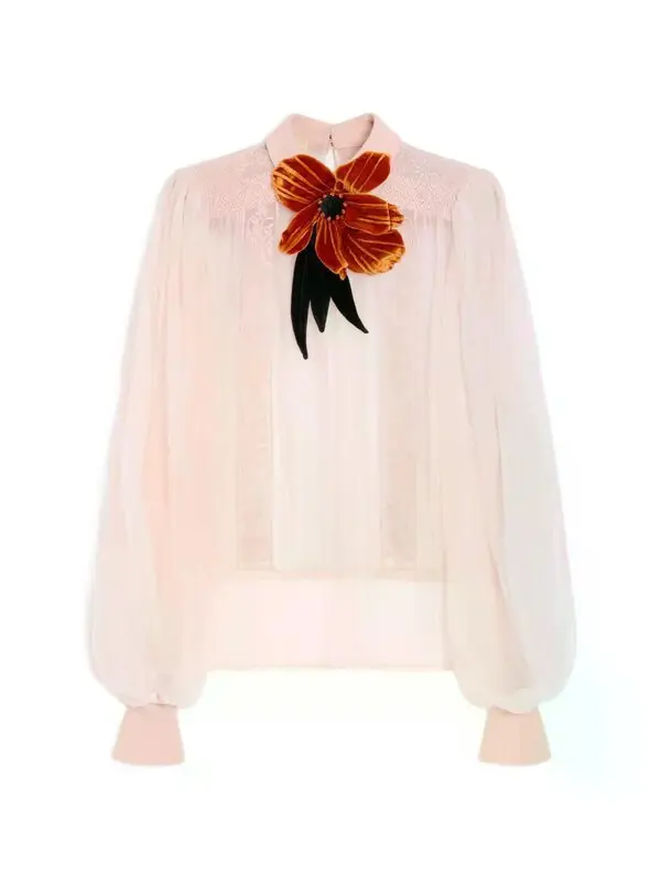 Valentino Garavani Embroidered Organza Blouse With Velvet Flower - Pink