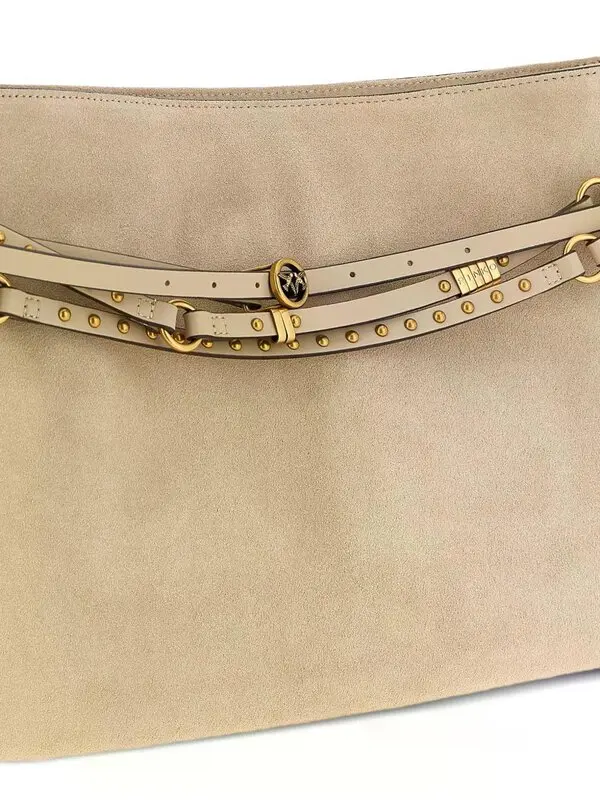 Pinko Studded Leather Shoulder Bag With Love Birds Buckle - Neutrals