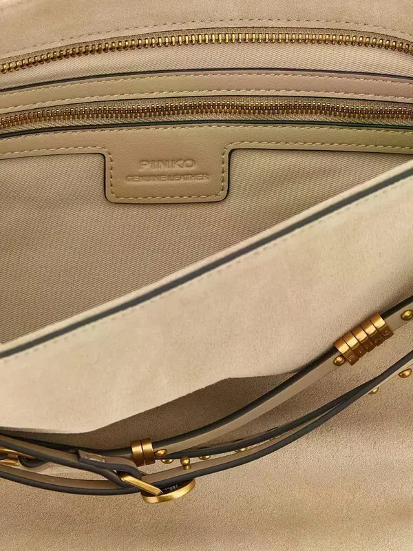 Pinko Studded Leather Shoulder Bag With Love Birds Buckle - Neutrals
