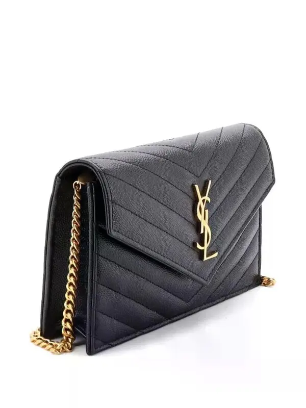 Saint Laurent Classic Monogram Wallet On Chain Matelasse Chevron Leather Small Crossbody Bag - Black