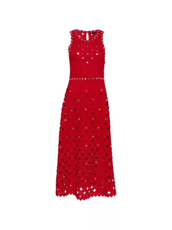 Maje Scalloped Detail Openwork Midi Dress - Red