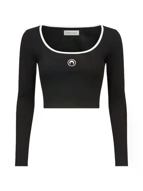 MARINE SERRE Logo-embroidered Ribbed Jersey Top - Black