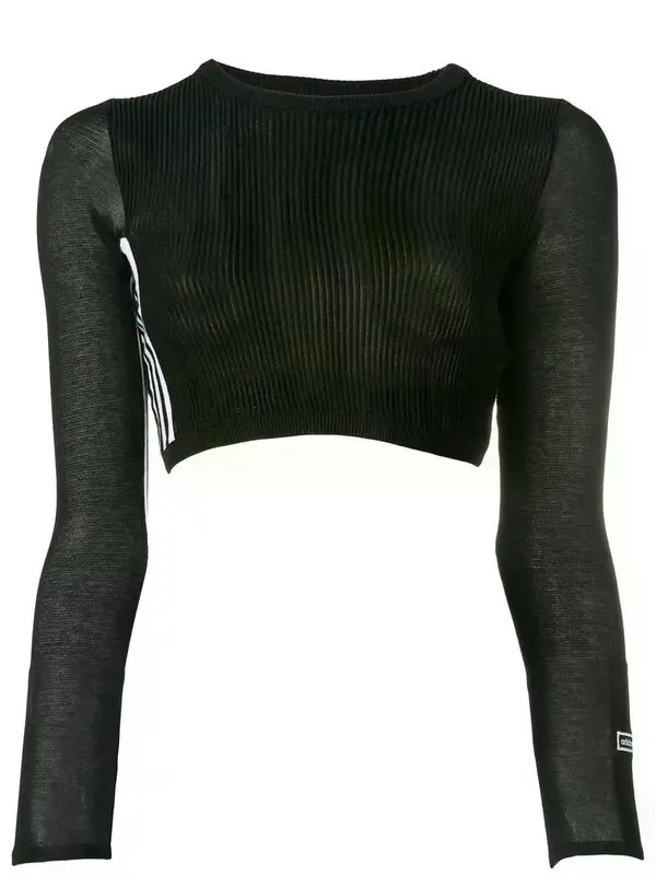 Adidas Ribbed Cropped Jumper With Signature Stripes - Black