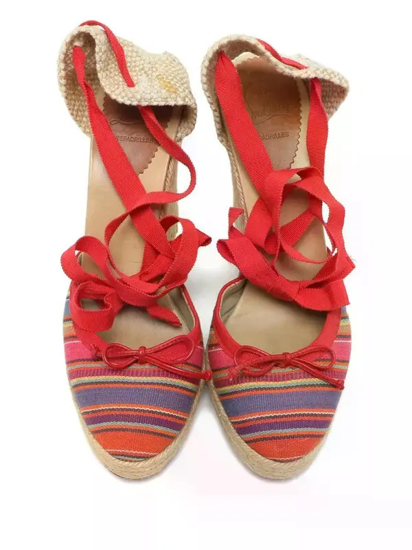 CHRISTIAN LOUBOUTIN Striped Canvas Platform Wedge Espadrille Sandals - Neutrals