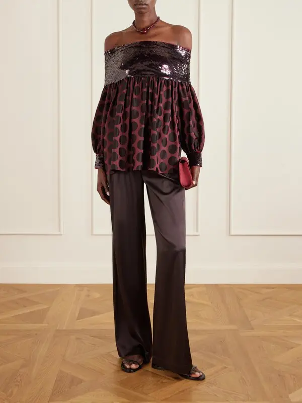 DIMA AYAD Off-the-shoulder Sequin-trimmed Polka-dot Faille Blouse