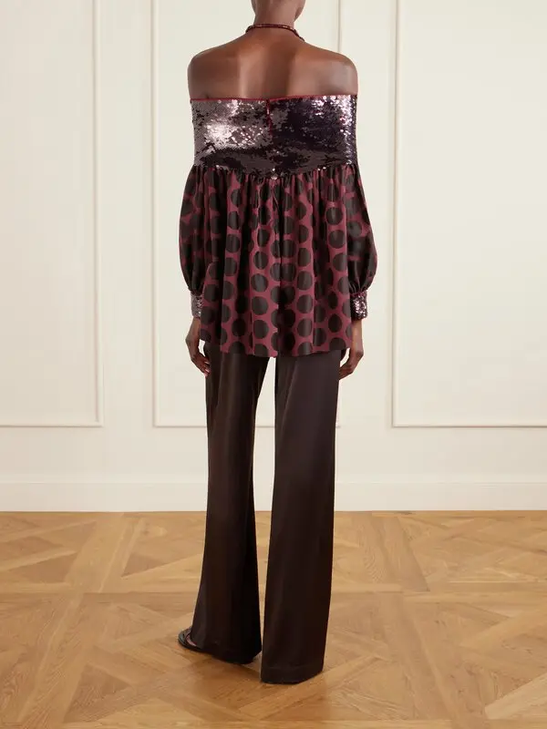 DIMA AYAD Off-the-shoulder Sequin-trimmed Polka-dot Faille Blouse