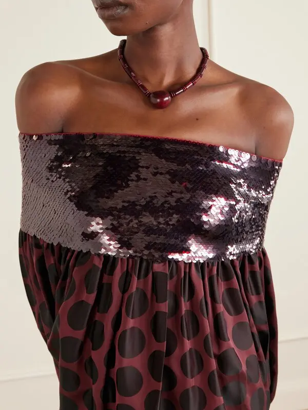 DIMA AYAD Off-the-shoulder Sequin-trimmed Polka-dot Faille Blouse