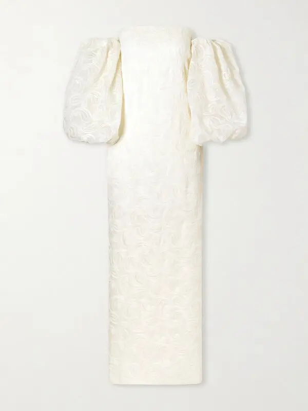 DIMA AYAD Off-the-shoulder Embellished Embroidered Woven Gown - Neutrals