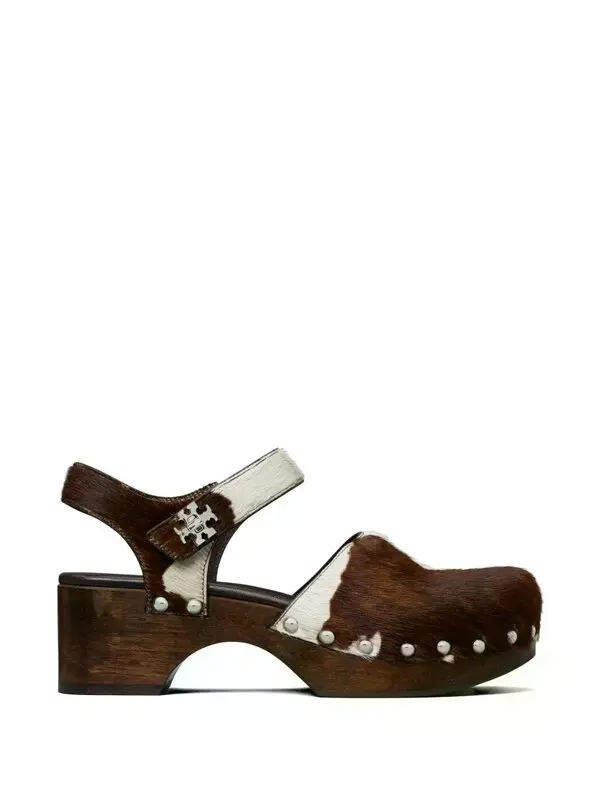 Tory Burch Turnlock Clog Pumps With Printed Calf Hair And Silver Stud Trim - Brown