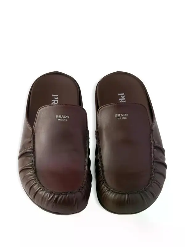 Prada Gathered Leather Mules - Brown
