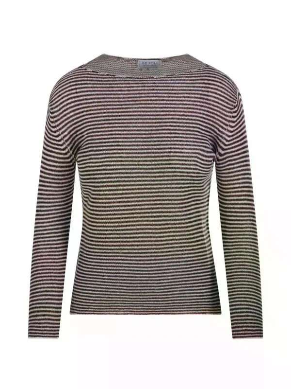 BEYOU Striped Boat Neck Long Sleeve Sweater - Brown