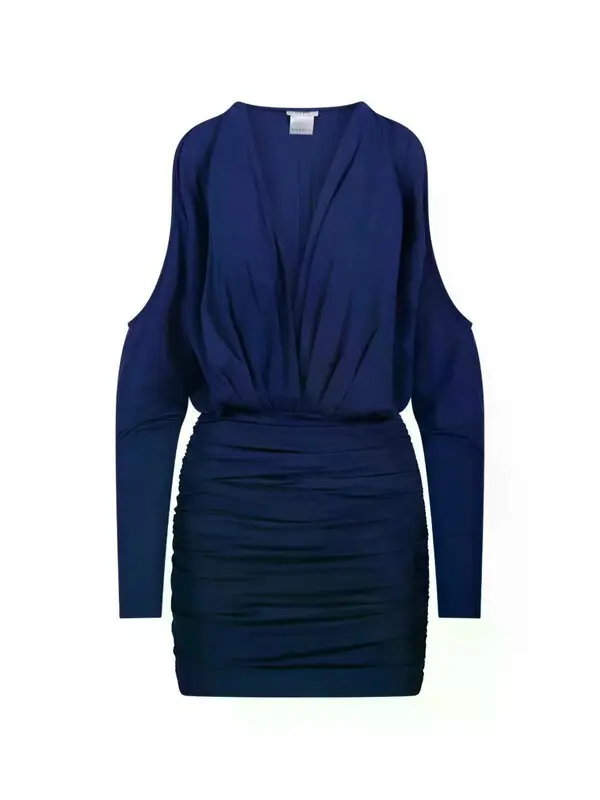 AMAZUIN Cold-shoulder V-neck Long Sleeve Dress - Blue