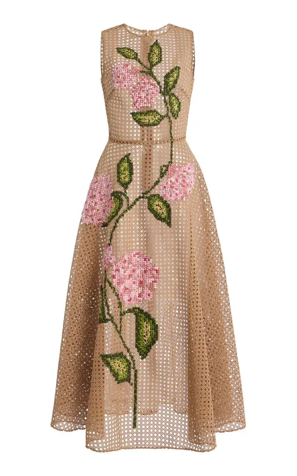 Oscar De La Renta Floral Rattan Guipure Midi Dress - Khaki