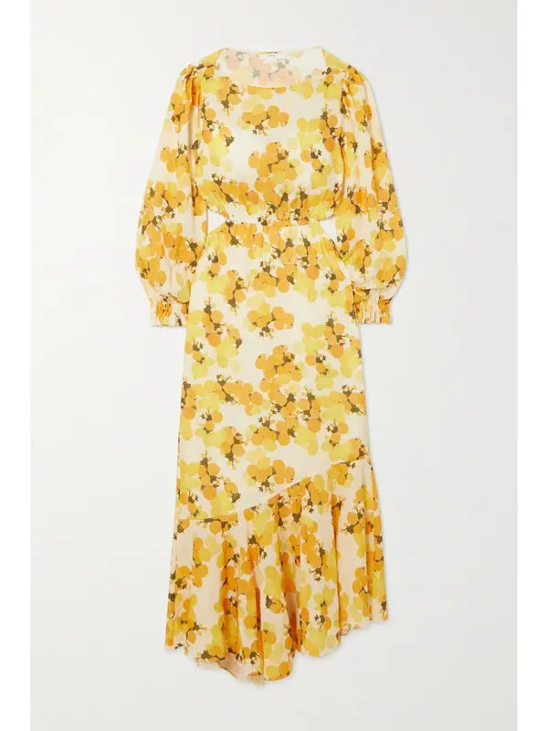 Peony Net Sustain Cutout Printed Organic Cotton Blend Dress - Yellow