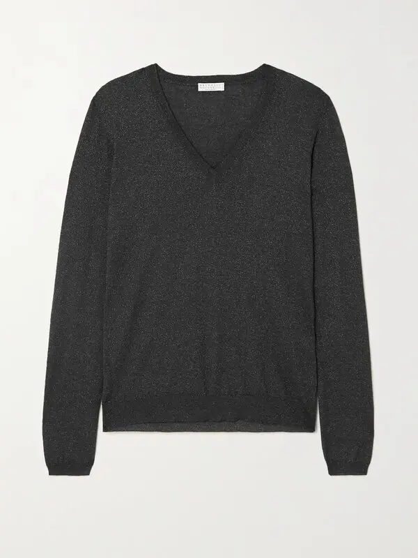 Brunello Cucinelli Metallic Cashmere-blend V-neck Sweater