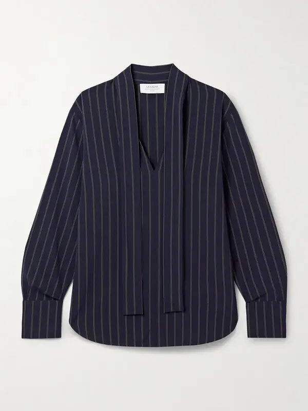 LA LIGNE Roman Pussy-bow Striped Crepe Shirt - Blue