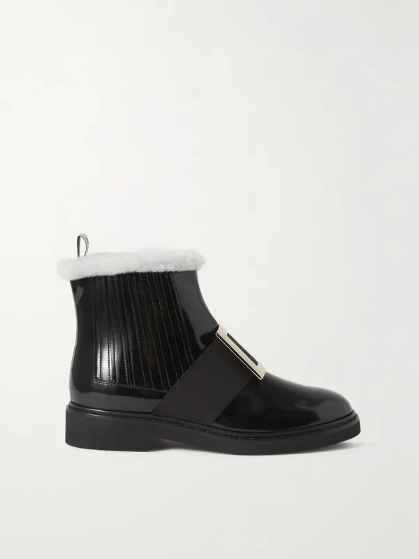 ROGER VIVIER Shearling-lined Patent Leather Chelsea Boots - Black