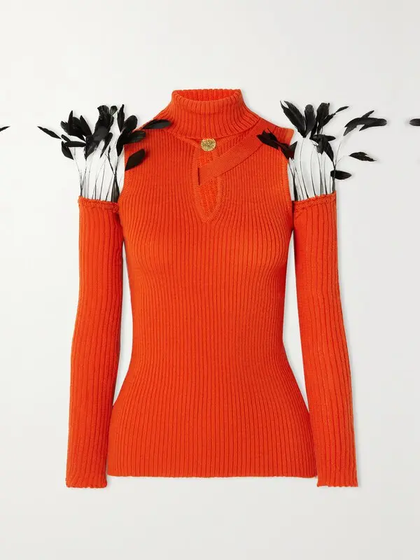 THEBE MAGUGU Convertible Feather-trimmed Cutout Ribbed Wool Turtleneck Sweater