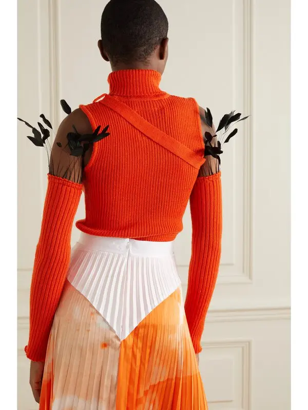 THEBE MAGUGU Convertible Feather-trimmed Cutout Ribbed Wool Turtleneck Sweater