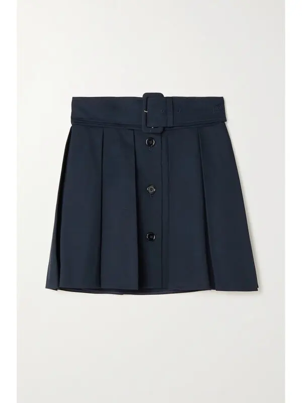 PATOU Belted Pleated Cotton-twill Mini Skirt - Blue