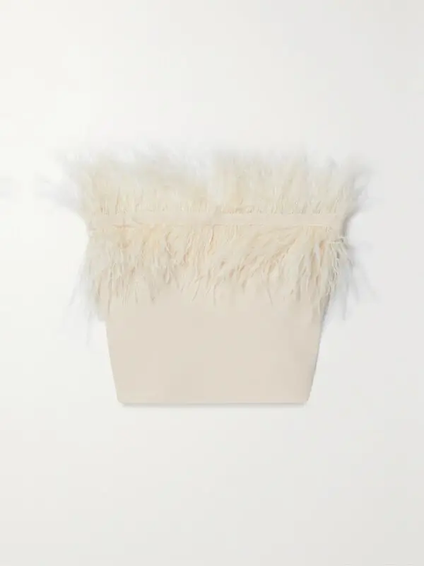 Staud Nellie Strapless Feather-trimmed Knitted Cropped Top - Ivory