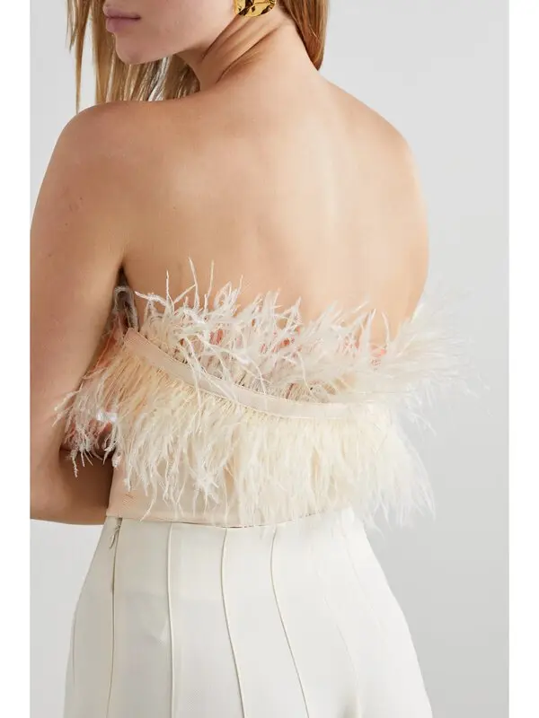 Staud Nellie Strapless Feather-trimmed Knitted Cropped Top