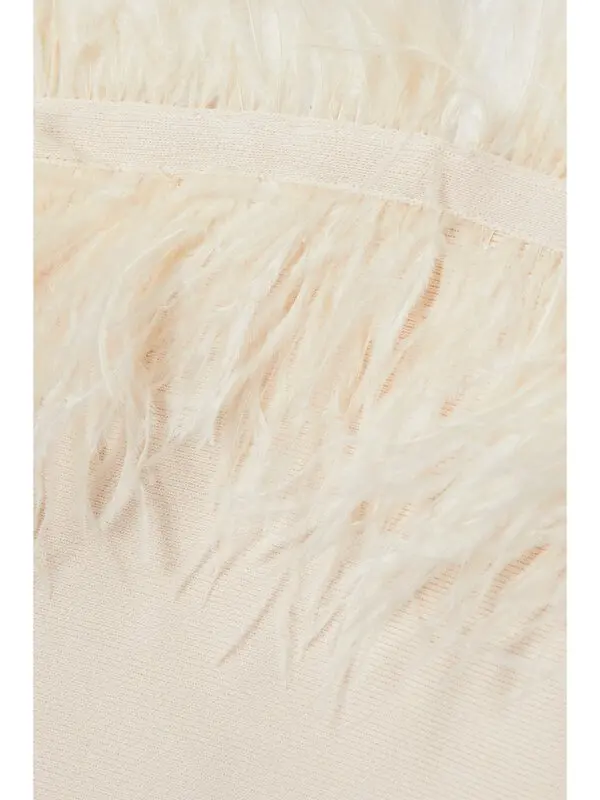 Staud Nellie Strapless Feather-trimmed Knitted Cropped Top