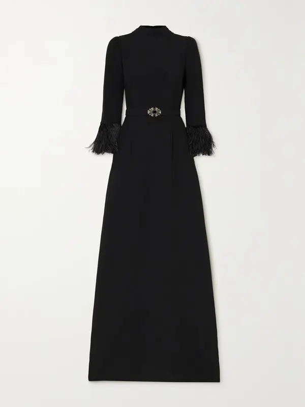 Andrew Gn Embellished Feather-trimmed Crepe Gown - Black