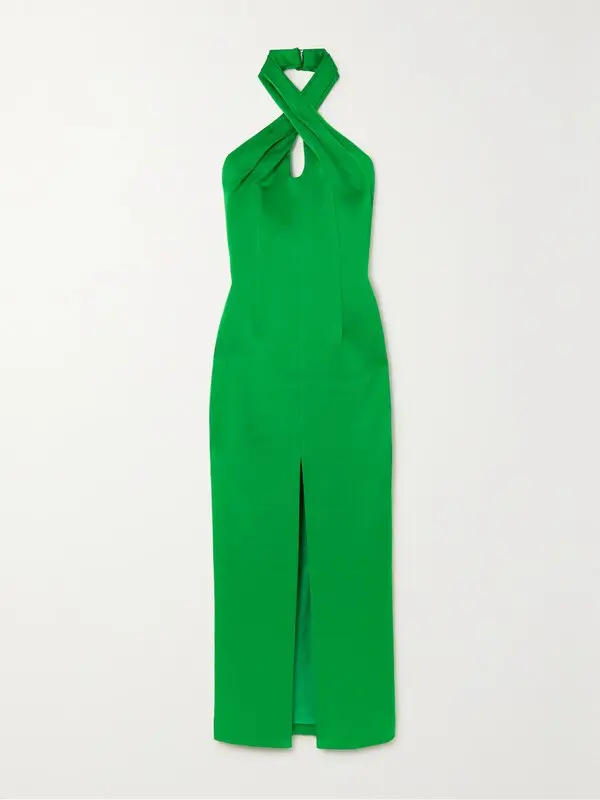 RASARIO Satin Halterneck Midi Dress - Green