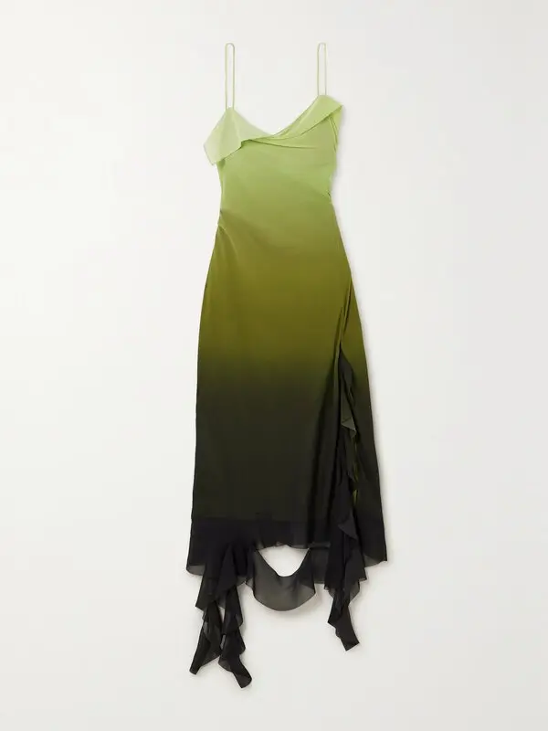 Acne Studios Asymmetric Ruffled Ombré Chiffon Midi Dress - Green
