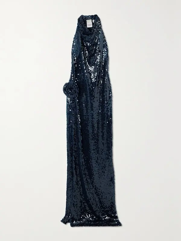Magda Butrym Appliquéd Sequined Tulle Halterneck Maxi Dress - Blue