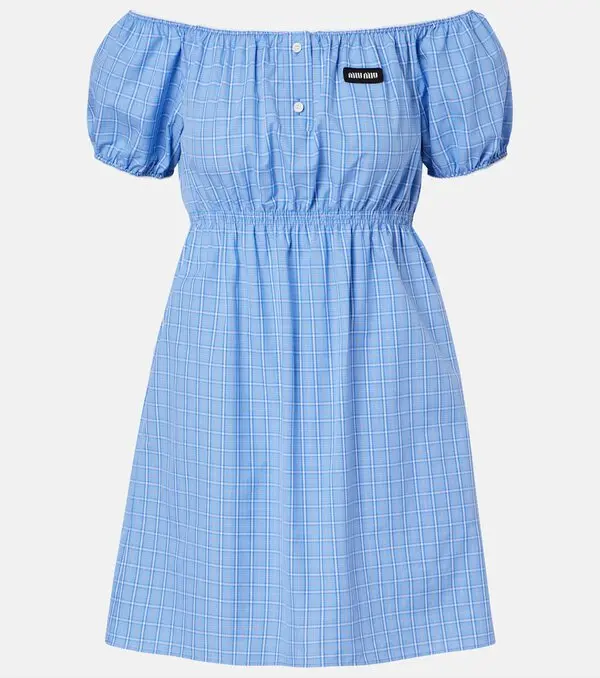 Miu Miu Checked Cotton Poplin Mini Dress - Blue