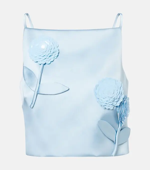 SELF-PORTRAIT Floral Appliqué Sequined Cropped Satin Top - Blue