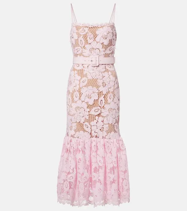 SELF-PORTRAIT Belted Crochet Midi Dress - Pink