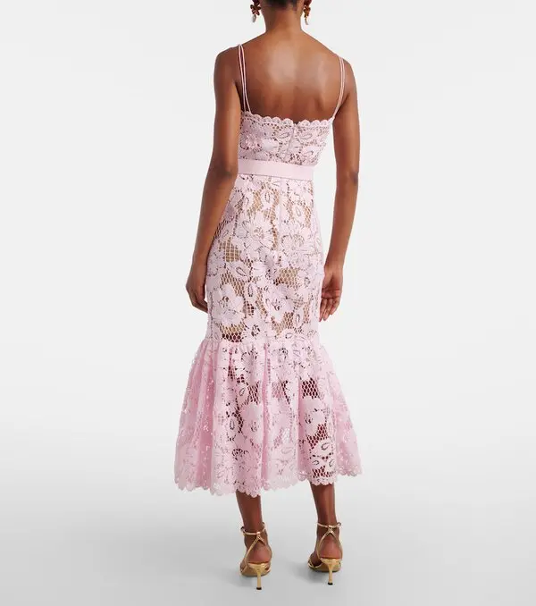 SELF-PORTRAIT Belted Crochet Midi Dress - Pink