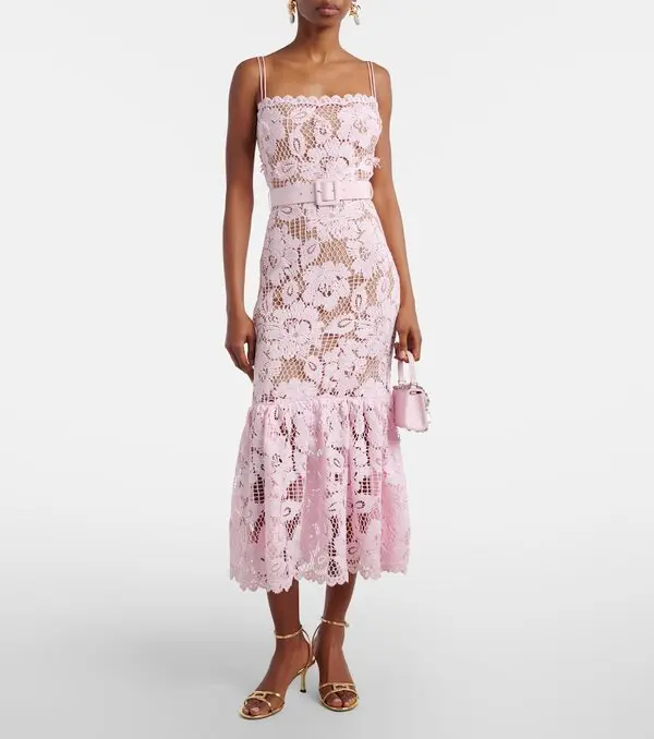SELF-PORTRAIT Belted Crochet Midi Dress - Pink