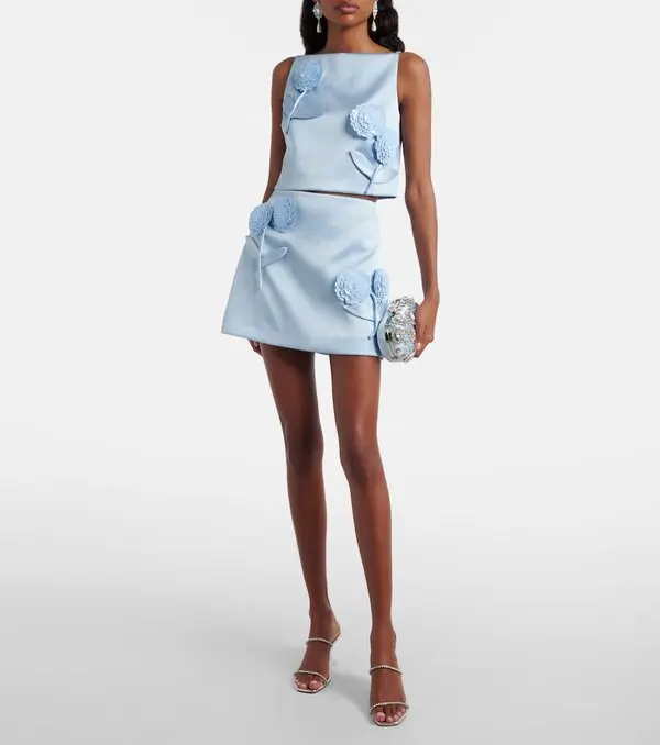 SELF-PORTRAIT Floral-appliqué Satin Miniskirt