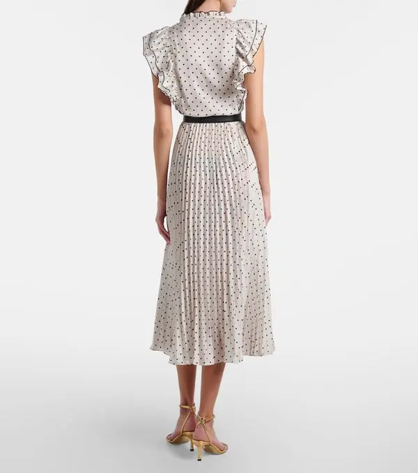 SELF-PORTRAIT Belted Polka Dot Pleated Midi Dress - White