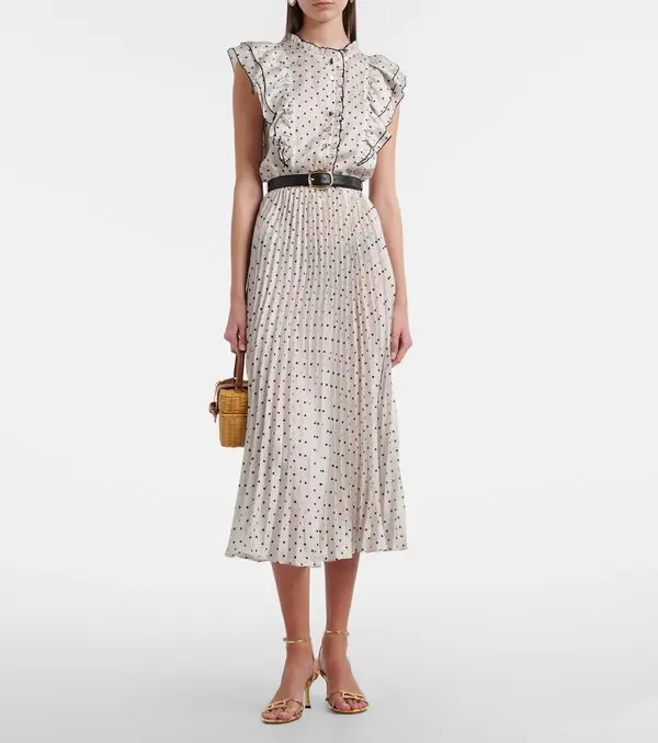 SELF-PORTRAIT Belted Polka Dot Pleated Midi Dress - White