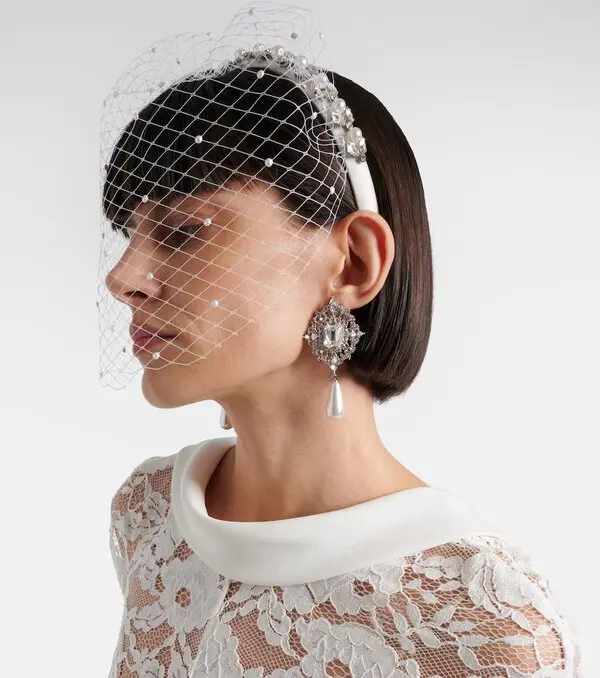 SELF-PORTRAIT Embellished Satin And Fishnet Headband