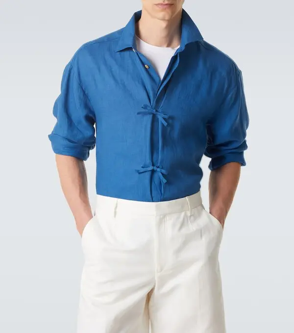 Kiton Bow-detail Linen Shirt - Blue