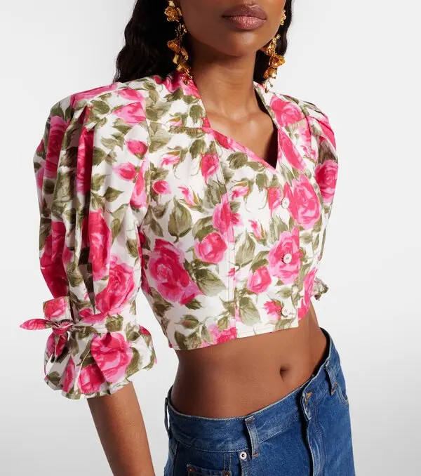 Chloé Floral Cropped Puff-sleeve Cotton Blouse
