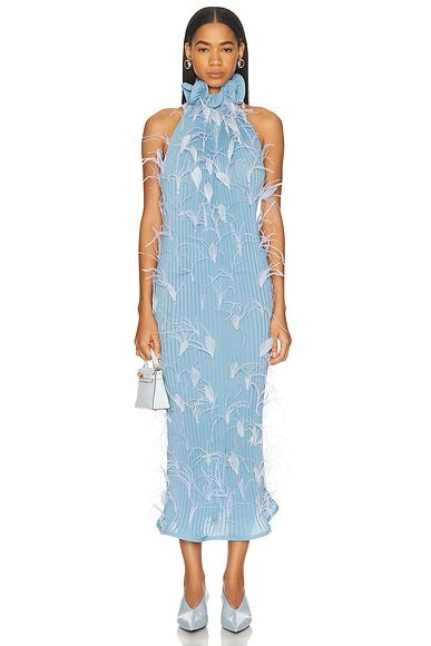 ROWEN ROSE Feather Embellished Midi Dress - Blue